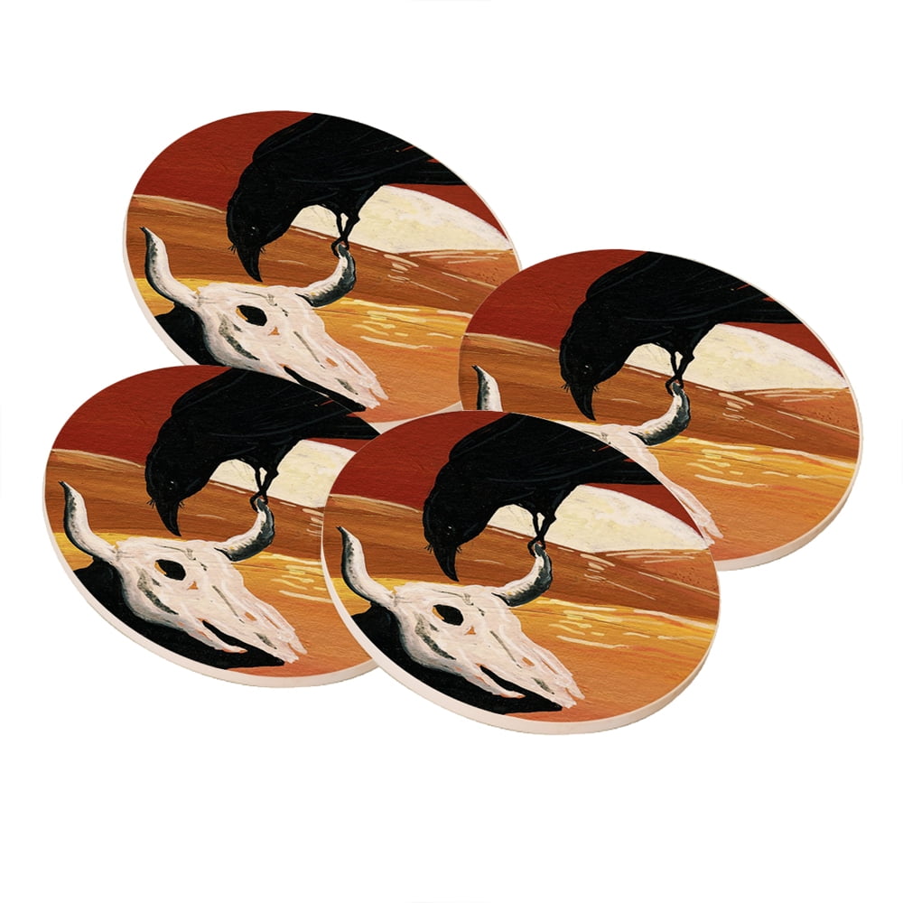 KuzmarK Sandstone Drink Coaster (set of 4) - Raven & Cow Skull with ...