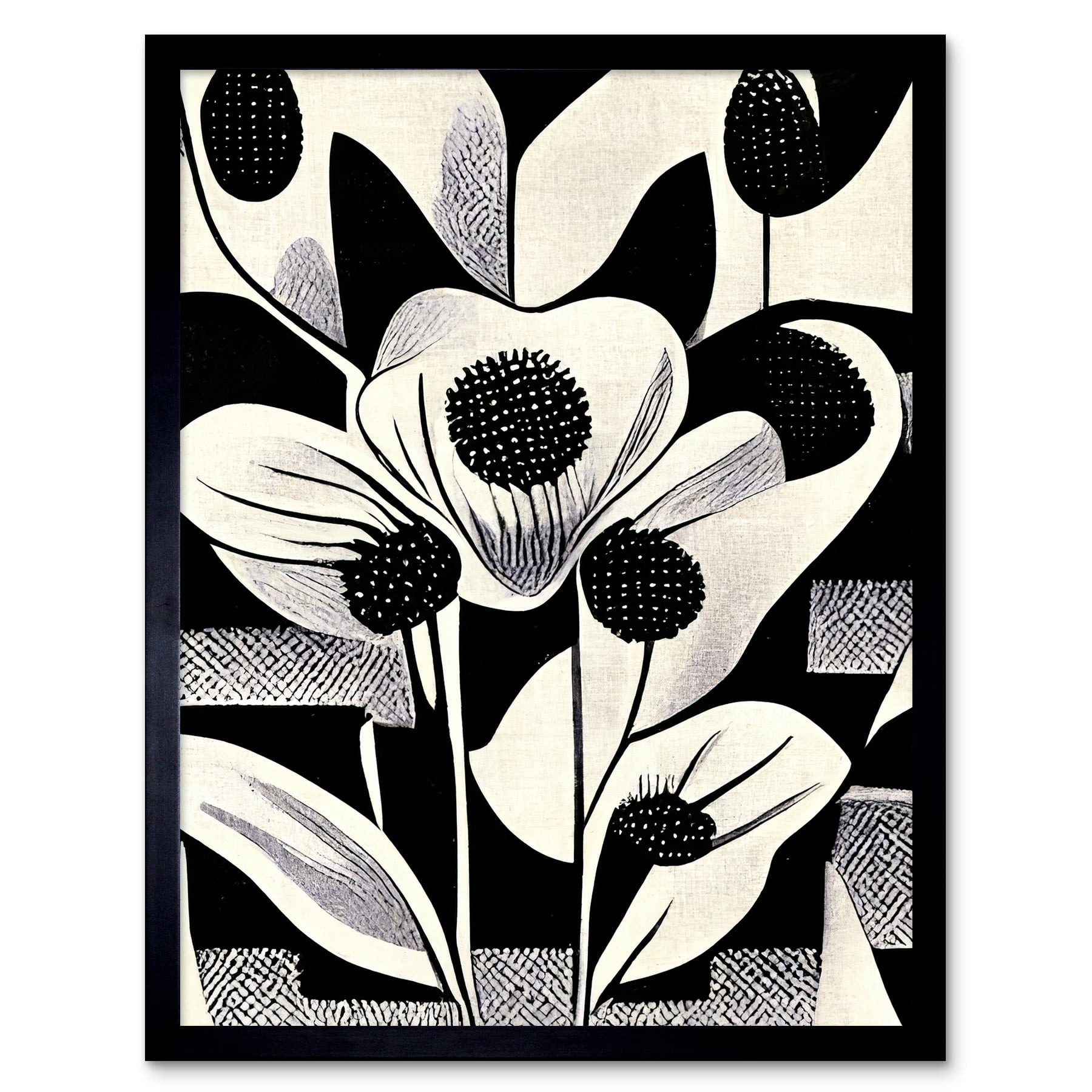 Monochrome Black White Abstract Retro Flower Pattern Art Print Framed ...