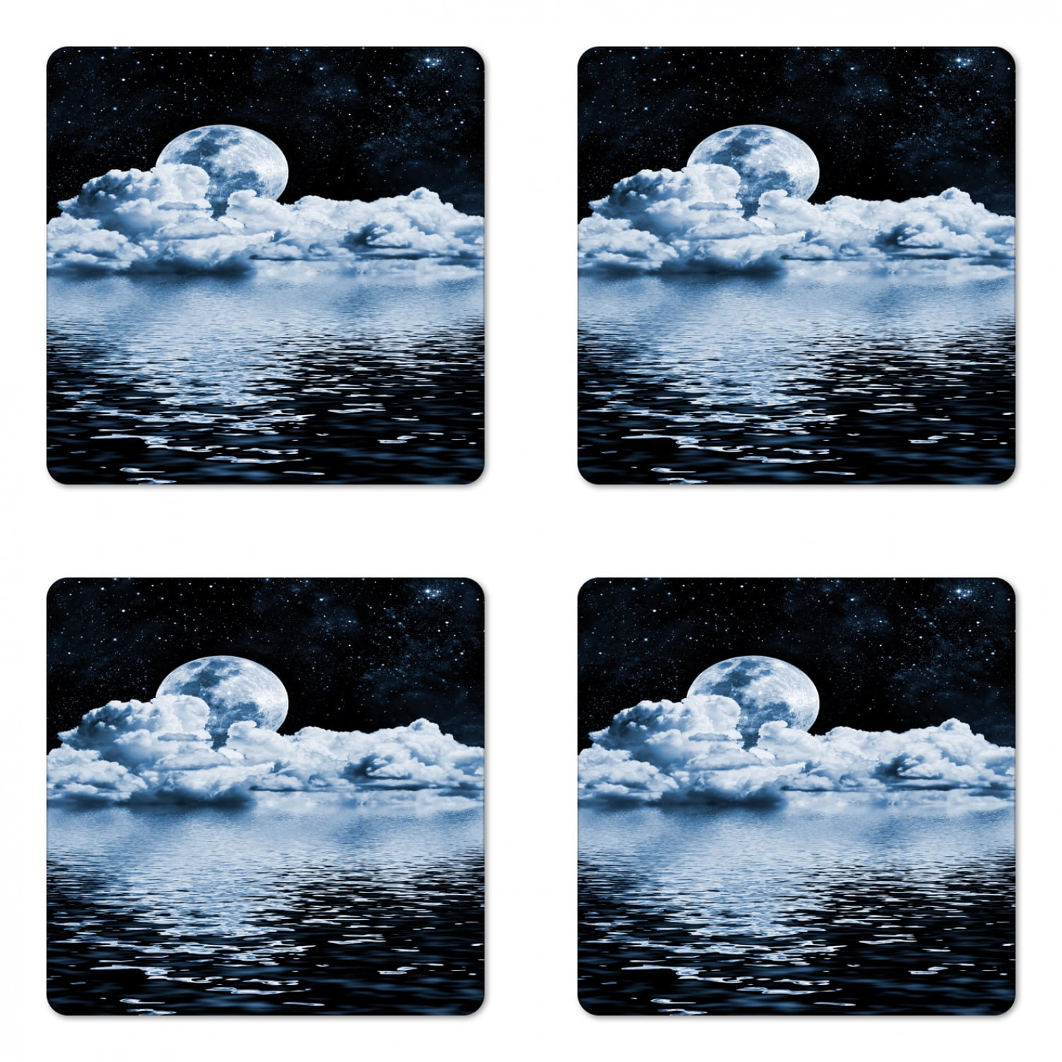 Moon Coaster Set of 4, Moon Setting over Clouds Water Reflections Stars ...