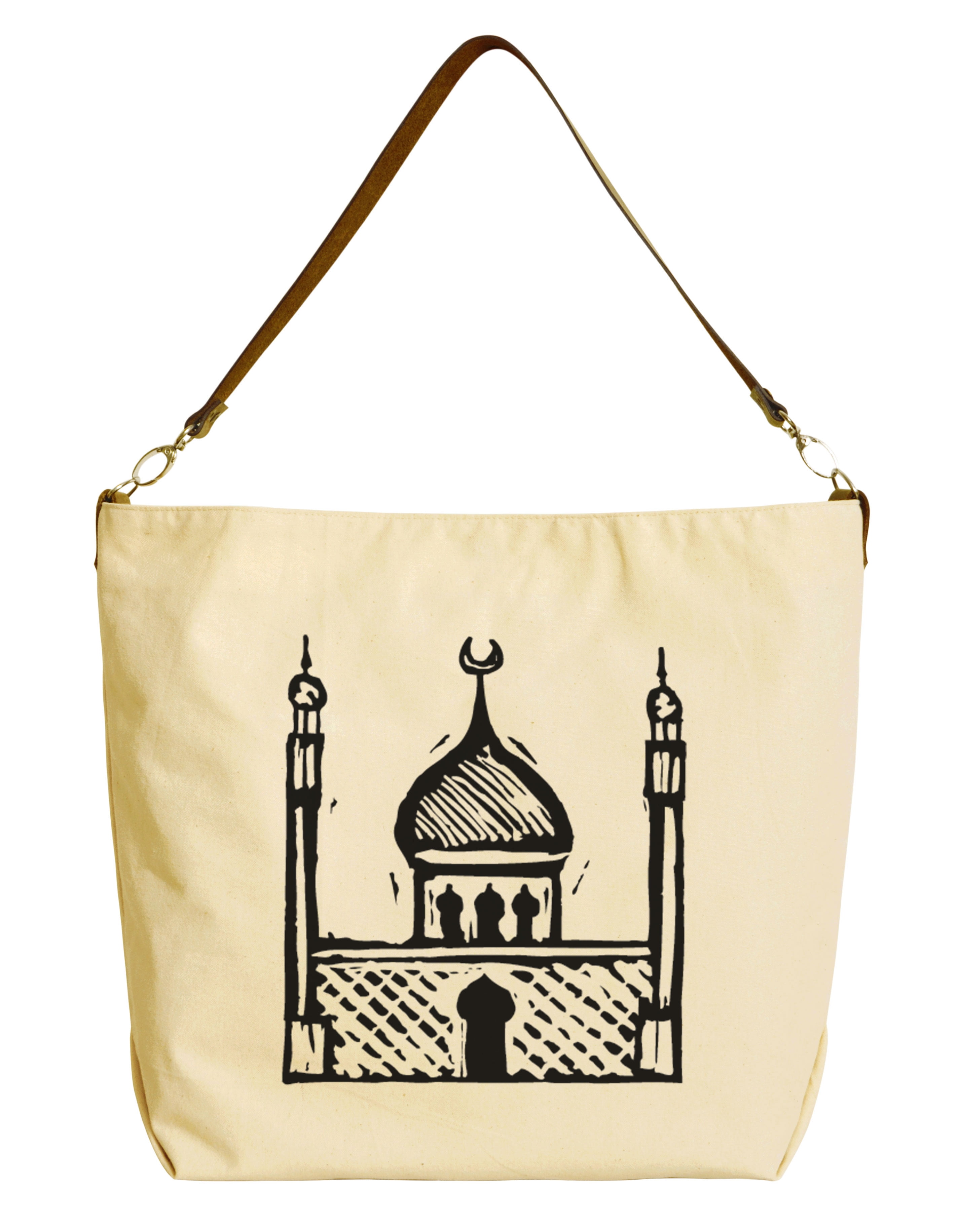 Black and White Mosque Beige Printed Canvas Tote Bag with Leather Strap ...