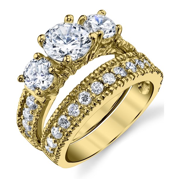 Women's Gold Tone Over Sterling Silver Past Present Future 2-Pc Bridal Set Engagement Wedding ...