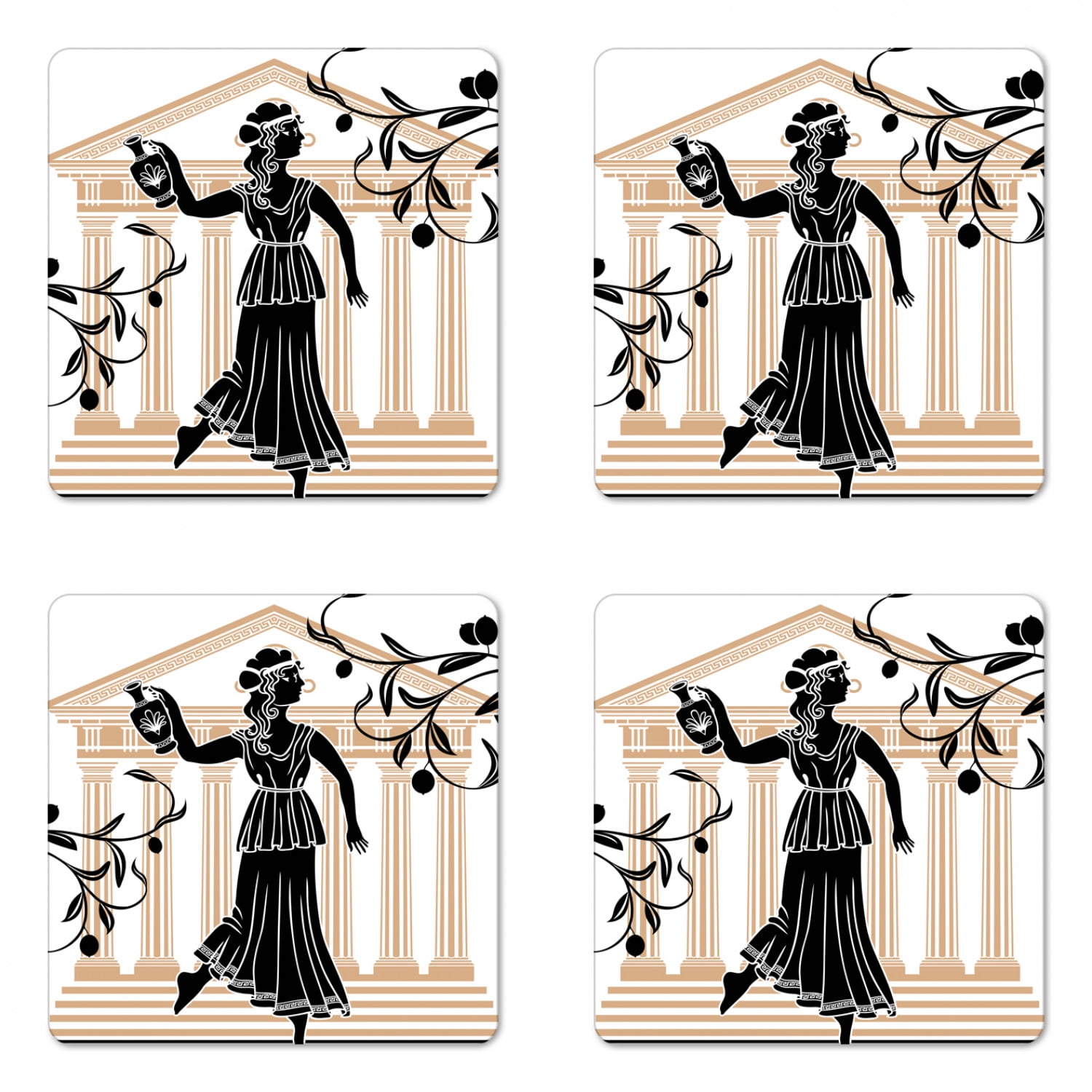 Retro Coaster Set of 4, Greek Woman with Amphora Building and Olive ...