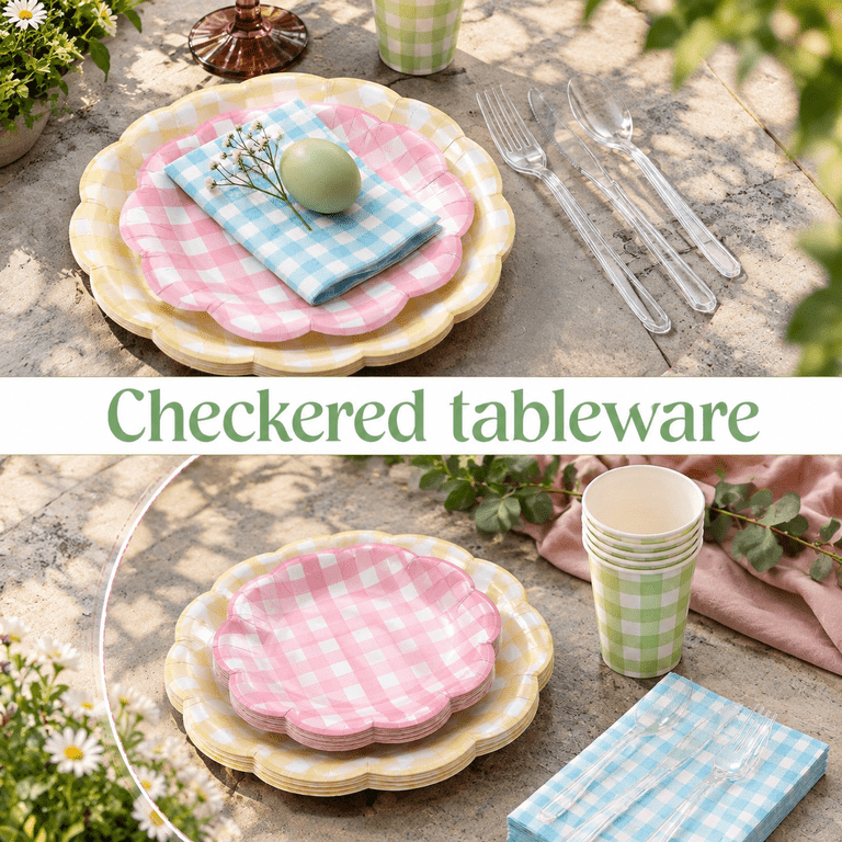 Pastel Plaid Disposable Paper Plates Tableware Set for 50 Guests ...