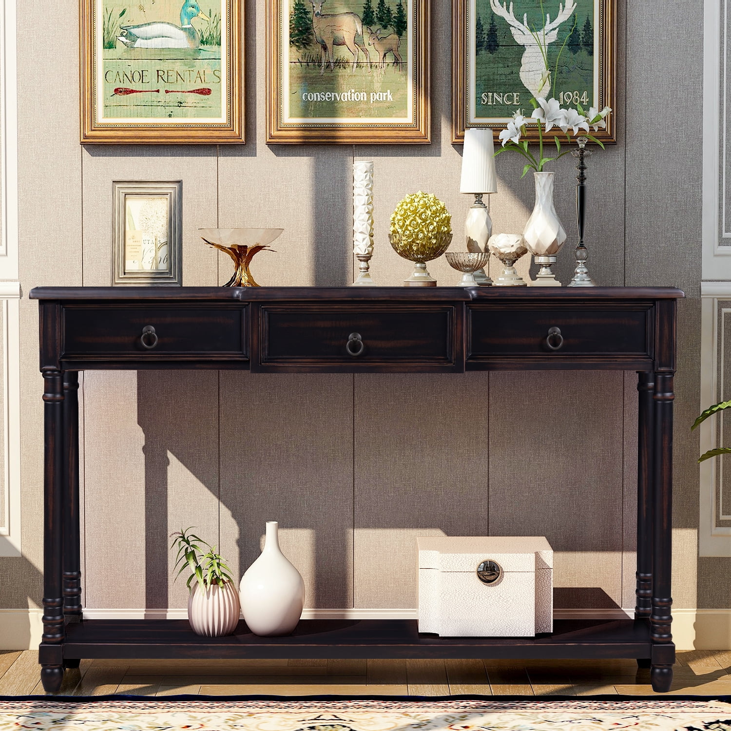 Console Table Sofa Table, Wood Retro Storage Cabinet with Drawers and ...