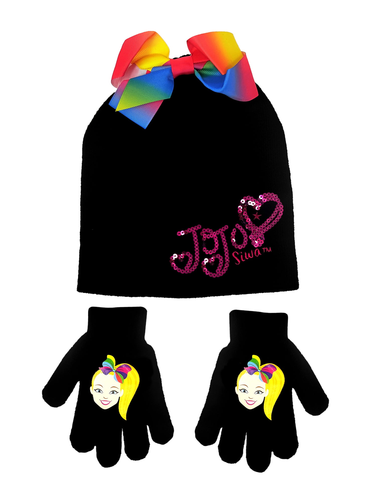 Girls JoJo Siwa Knit Beanie Hat Bow & Gloves Black Rainbow Sequin 2 ...