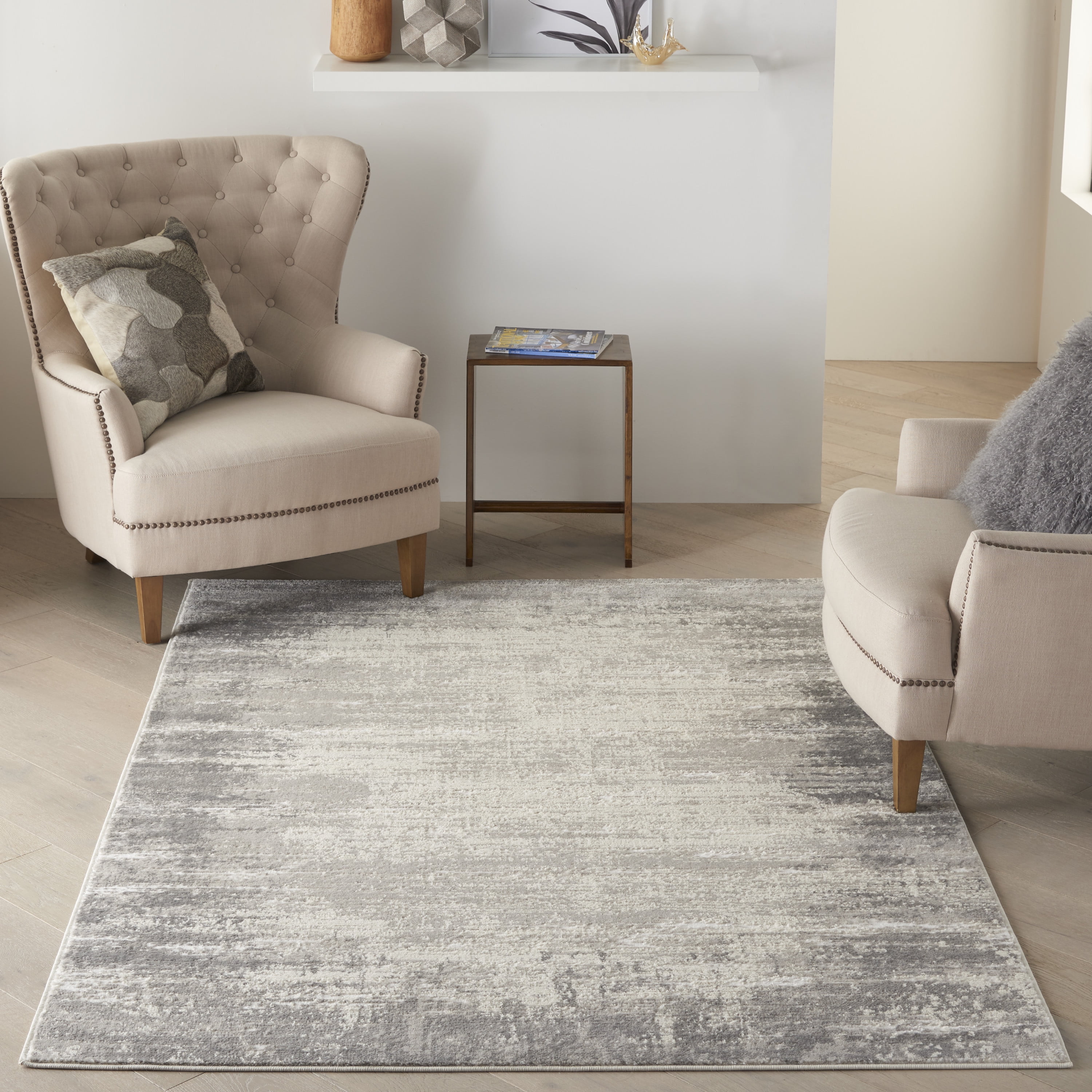 Nourison Cyrus Abstract Bordered Ivory/Grey 5'3" x 7'3" Area Rug, (5' x ...