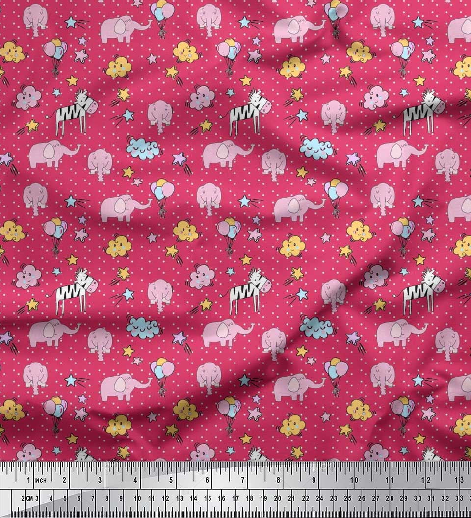 Soimoi Silk Fabric Cloud,Star & Cute Elephant Kids Print Fabric by The ...
