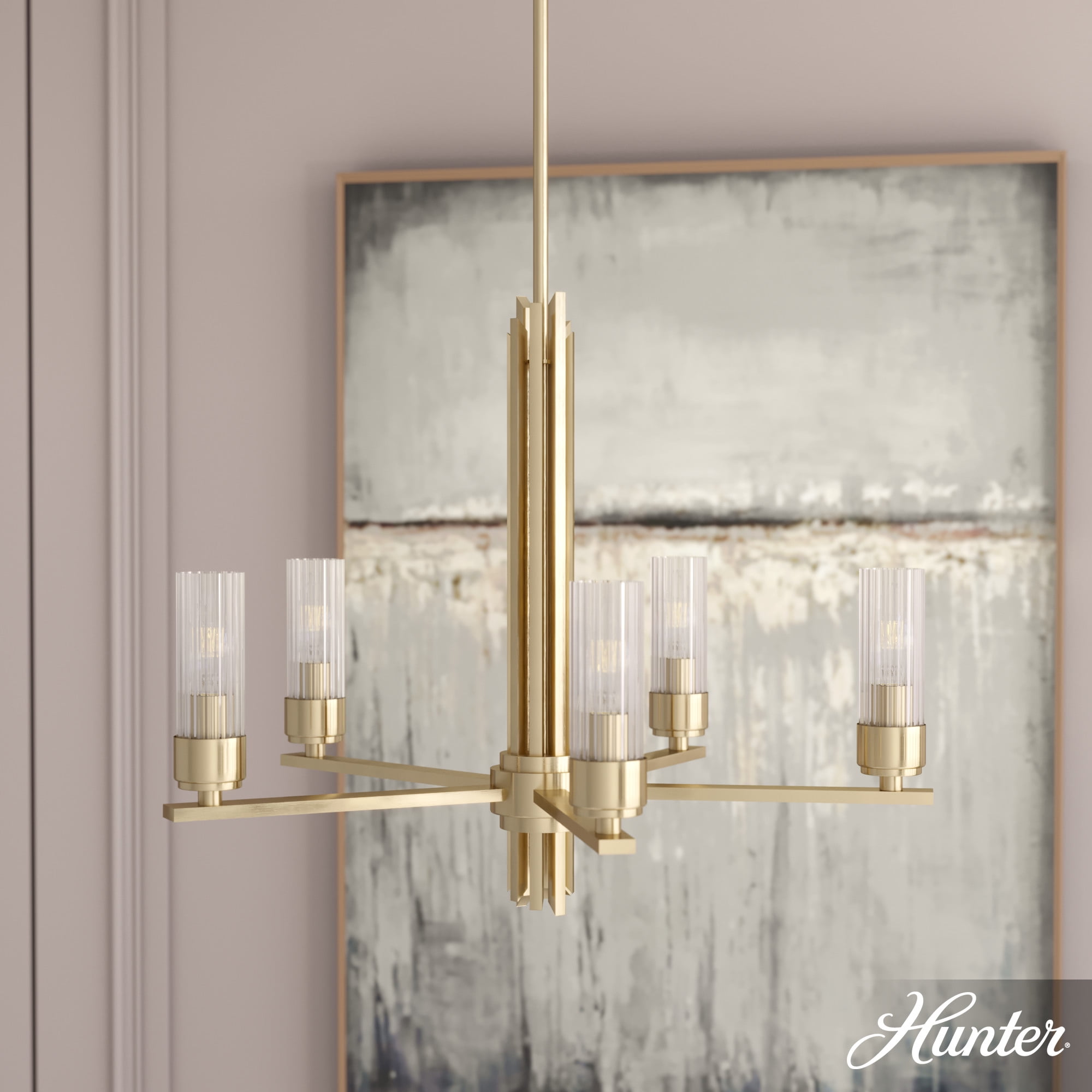 Hunter Gatz Alturas Gold with Ribbed Glass 5 Light Chandelier Ceiling ...