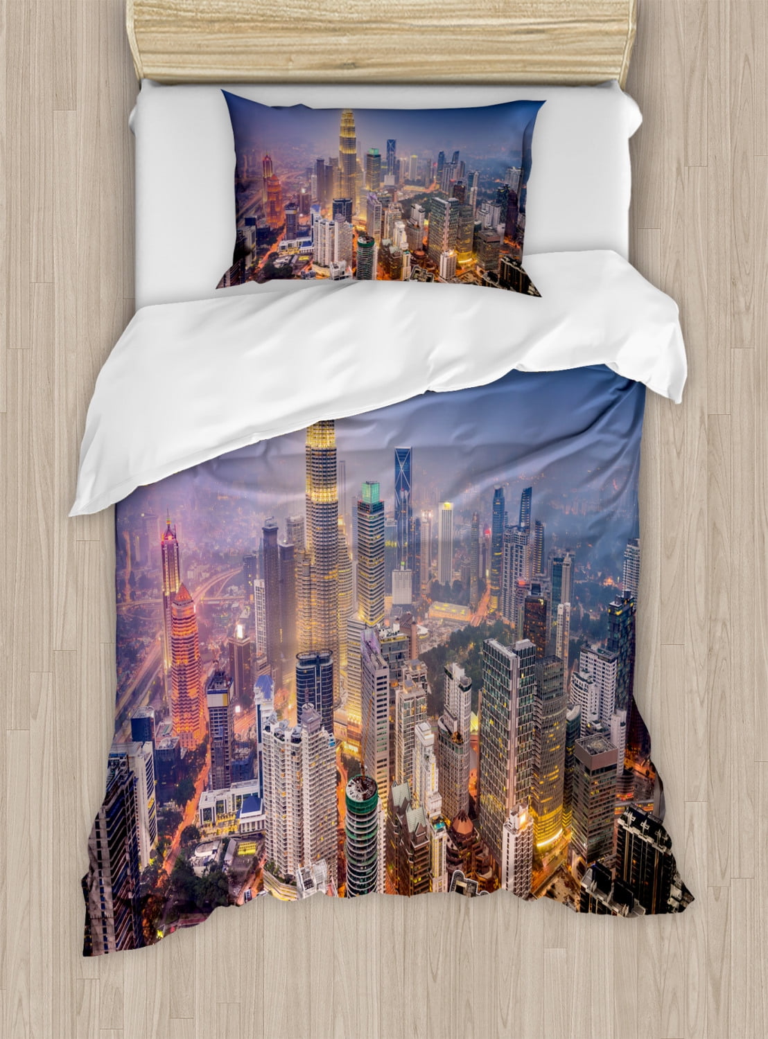 Urban Duvet Cover Set Twin Size, Modern City Skyline Business District ...