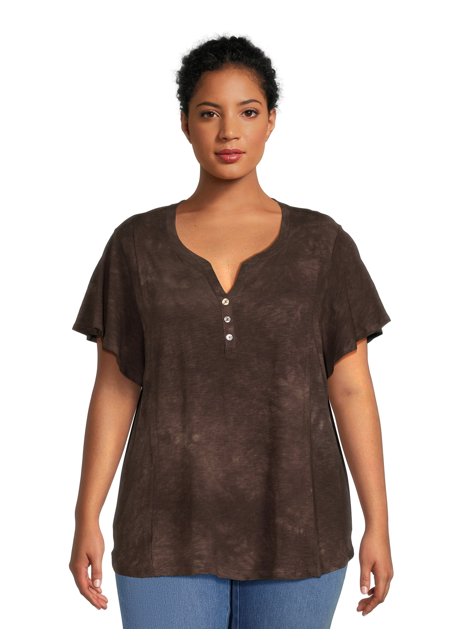 Terra And Sky Womens Plus Size Flutter Sleeve Henley Tee
