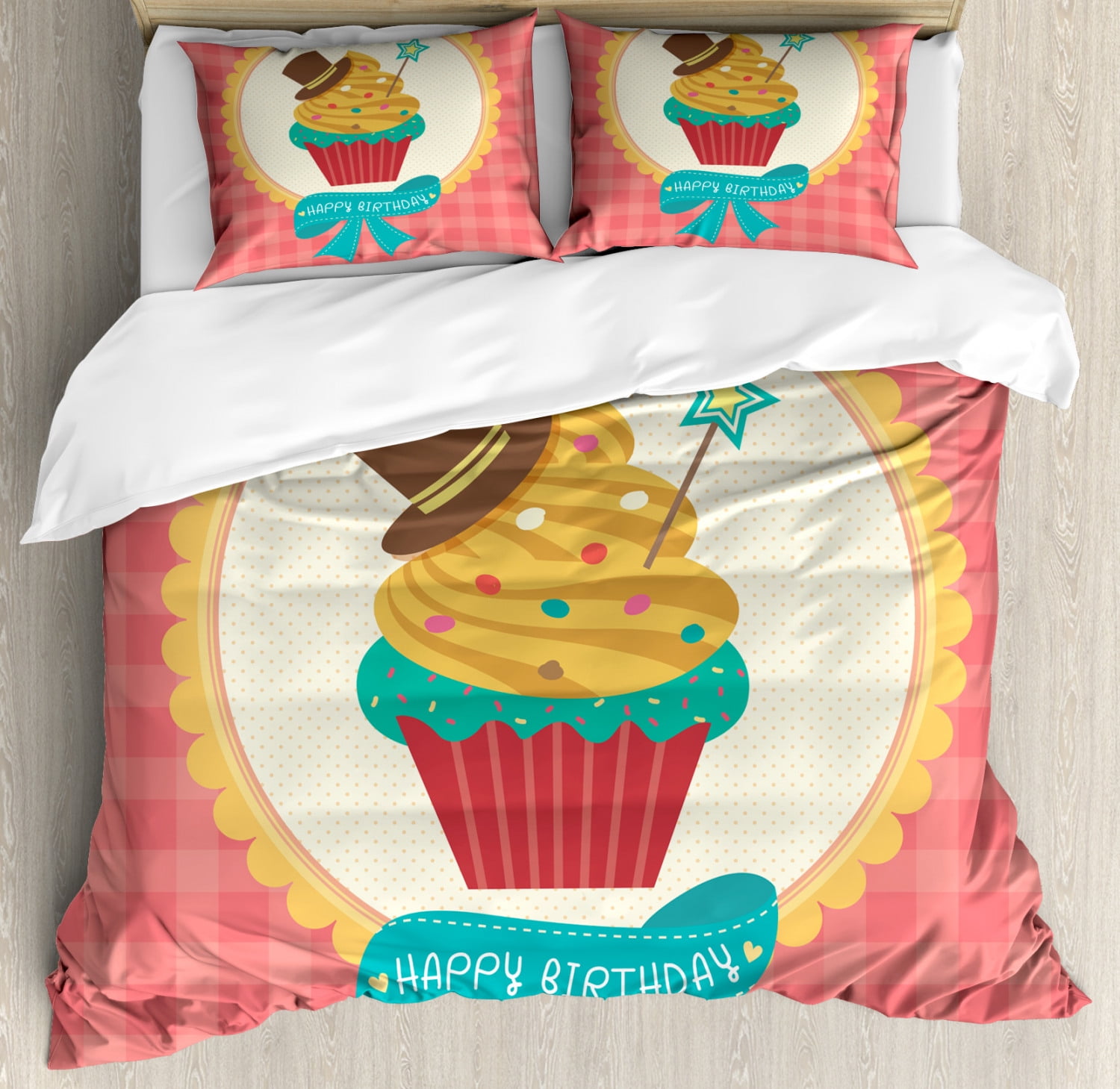 Cupcake Duvet Cover Set King Size, Happy Birthday Calligraphy on Yummy ...