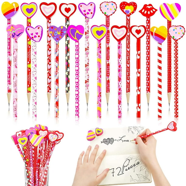 72 Piece Valentine‘s Day Pencils Assortment and Heart Eraser Topper kit ...