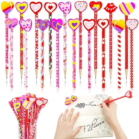 72 Piece Valentine‘s Day Pencils Assortment and Heart Eraser Topper kit ...