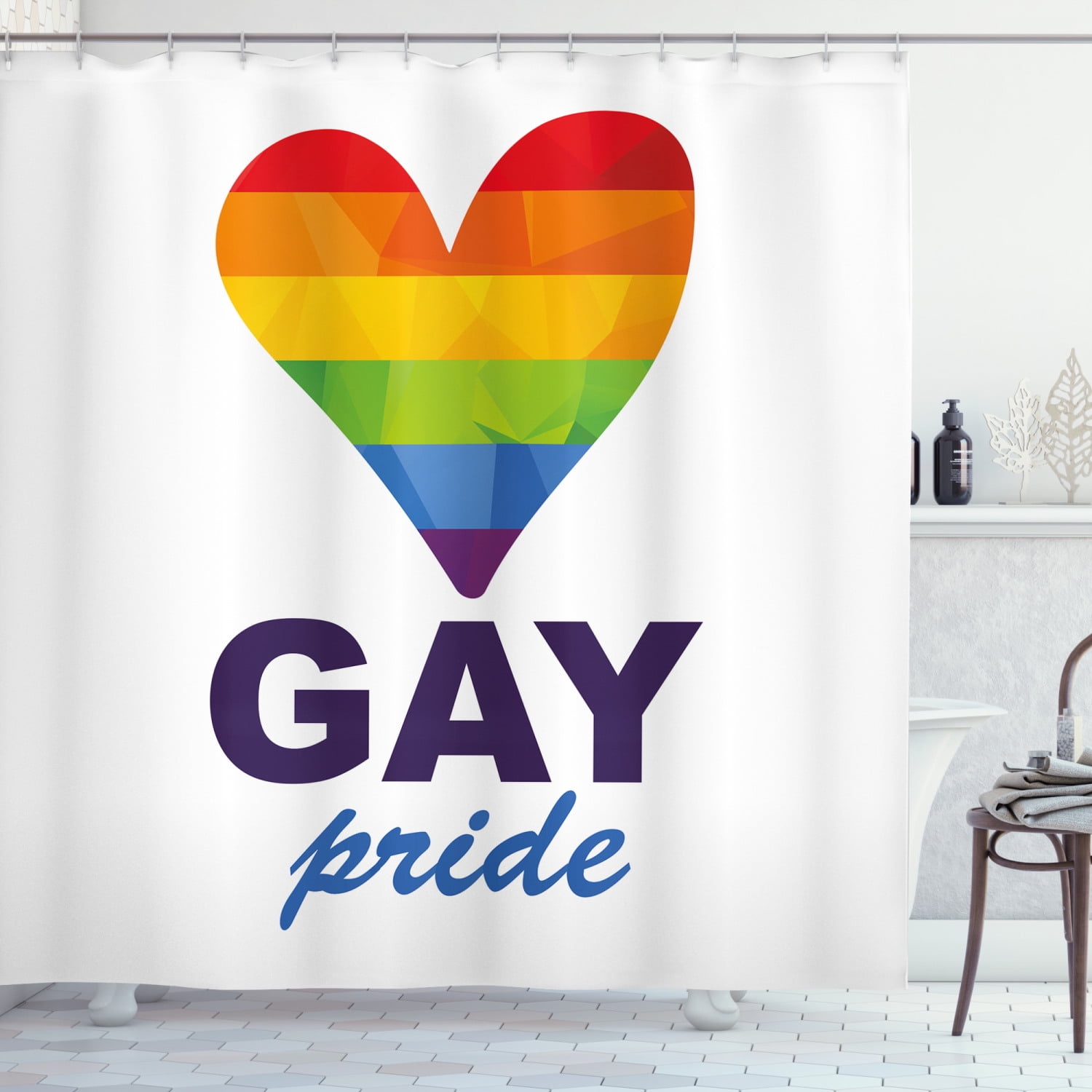Pride Decorations Shower Curtain Polygonal Gay Rainbow Heart With
