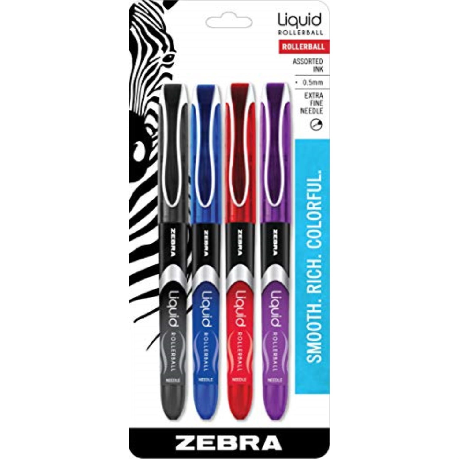 Zebra Liquid Rollerball Pens, Needle Point 0.5mm, Assorted Color, 4 ...