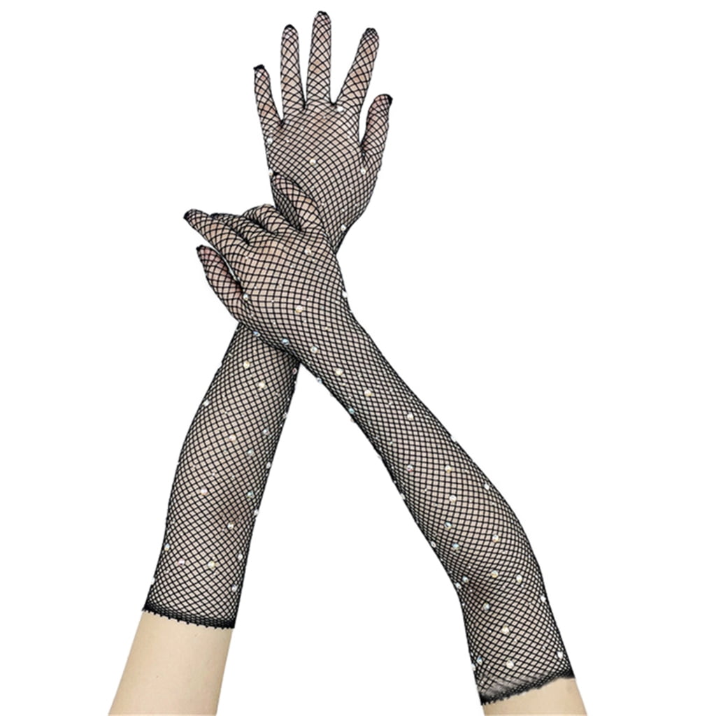 YUUZONE Rhinestones Long Gloves Fishnet Long Gloves Women Mesh Long ...