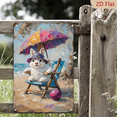 Vibrant Painterly Cute White Rabbit on Beach with Purple Bucket Hat and ...