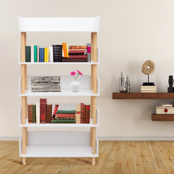 Modern Geometric 5-Tier Bookcase, Freestanding Open Storage Wood ...