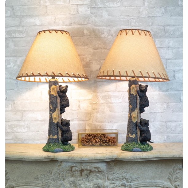 Pack Of 2 Rustic Black Bear Cubs Climbing Tree Ladder Table Lamp With ...