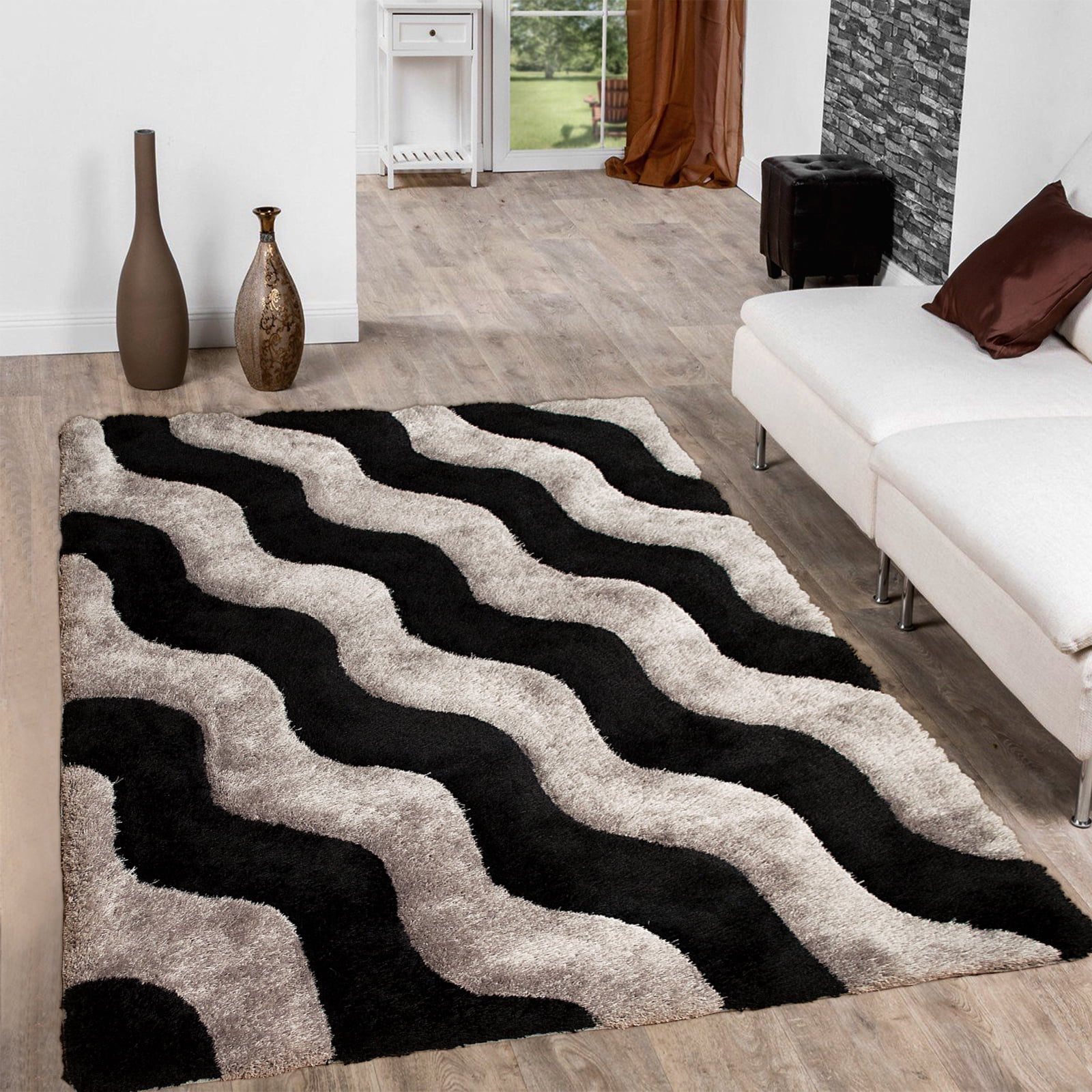 Allstar Grey Shaggy Area Rug with 3D Black Wavy Design. Contemporary ...