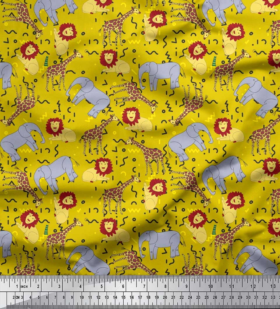 Soimoi Yellow Velvet Fabric Lion,Giraffe & Elephant Kids Print Fabric ...