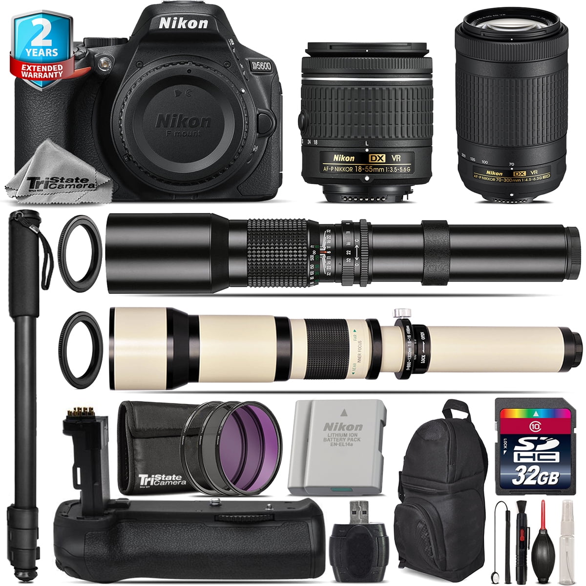 Nikon D5600 DSLR + AF-P 18-55mm VR + AFP 70-300mm VR + Battery Grip ...