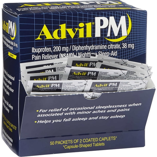 Advil PM Ibuprofen Caplets, Dispenser Pack, 2 Caplets, 50 ct - Walmart.com
