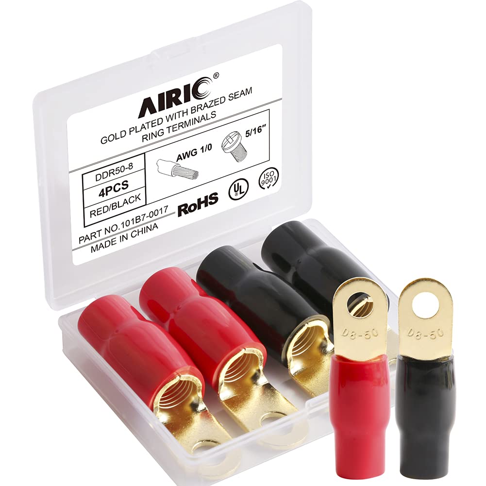 AIRIC 1/0 Gauge Ring Terminal 5/16 inch Gold Plated Crimp Ring ...