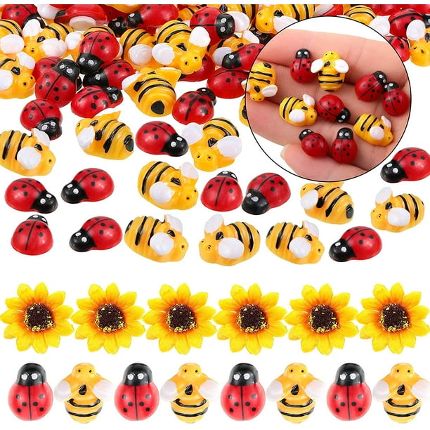 120 Pieces Tiny Resin Bees Ladybugs Mini Artificial Silk Yellow ...