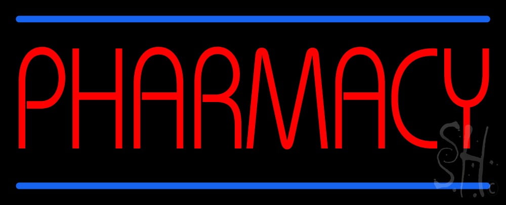 Red Pharmacy Blue Lines LED Neon Sign 13 x 32 - inches, Black Square ...