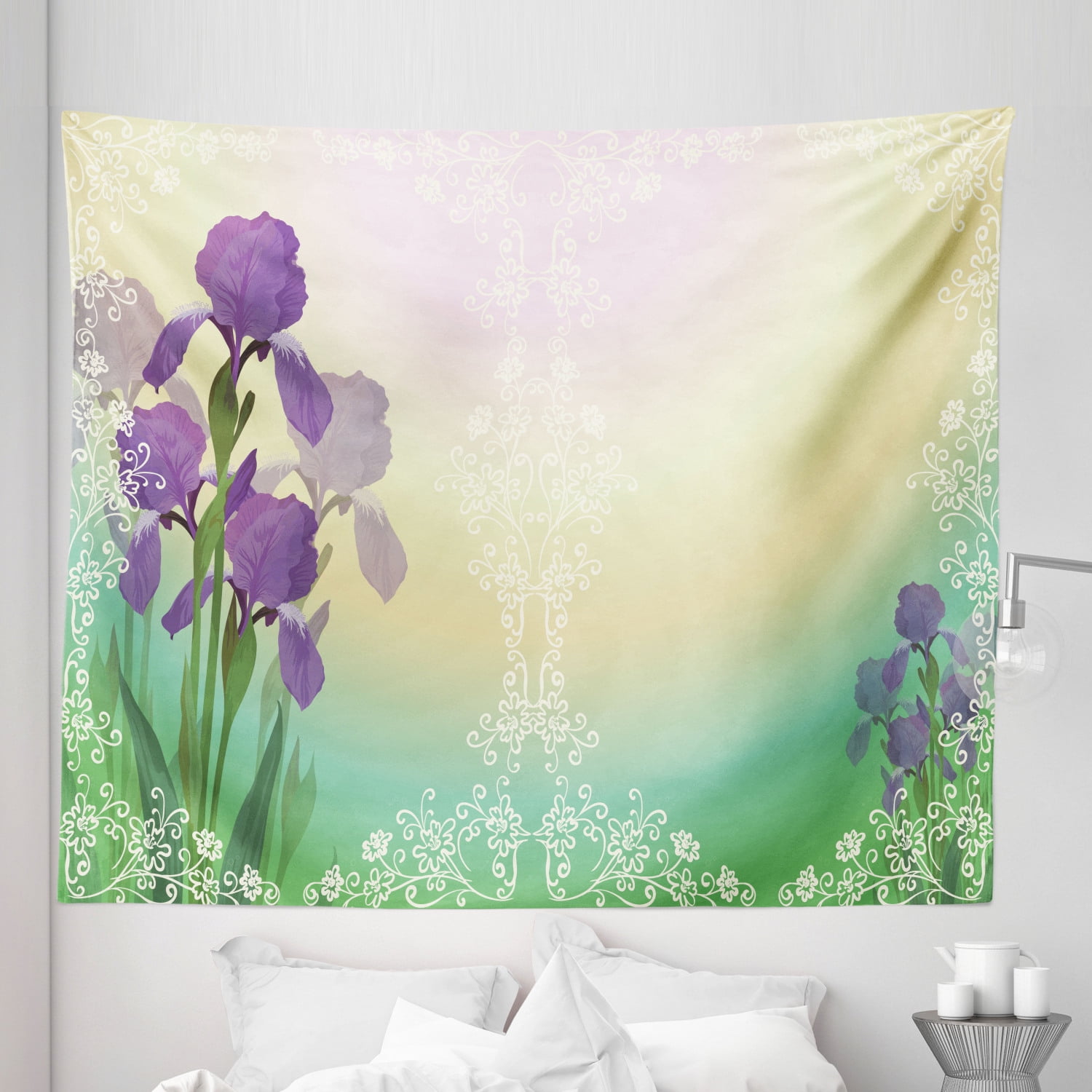 Lilac Tapestry, Blossoming Iris in Floral Frame on Dreamy Colors Bridal ...