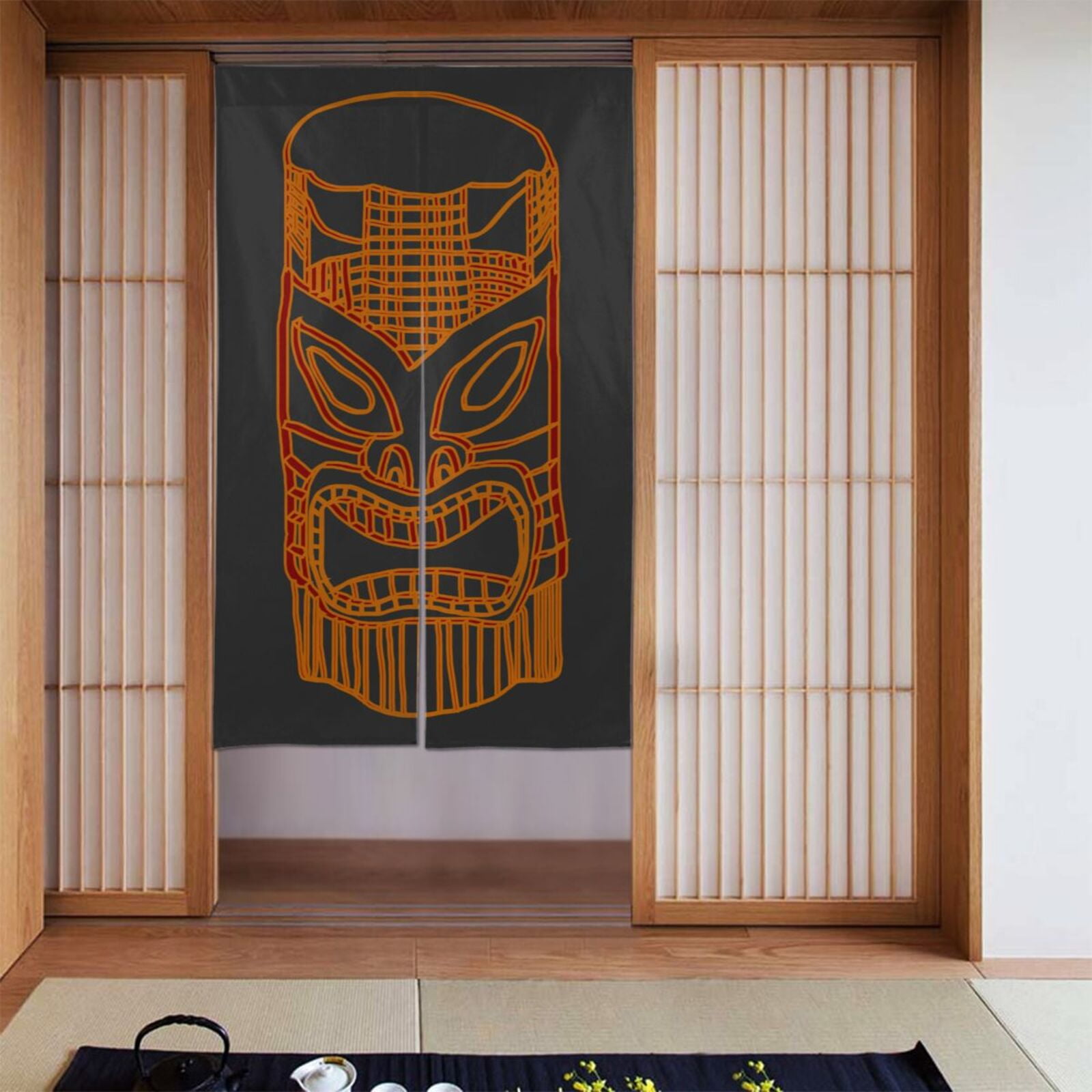 Doorway Drape Split Curtains, Wood Totem Mask Carving Art Room Divider ...