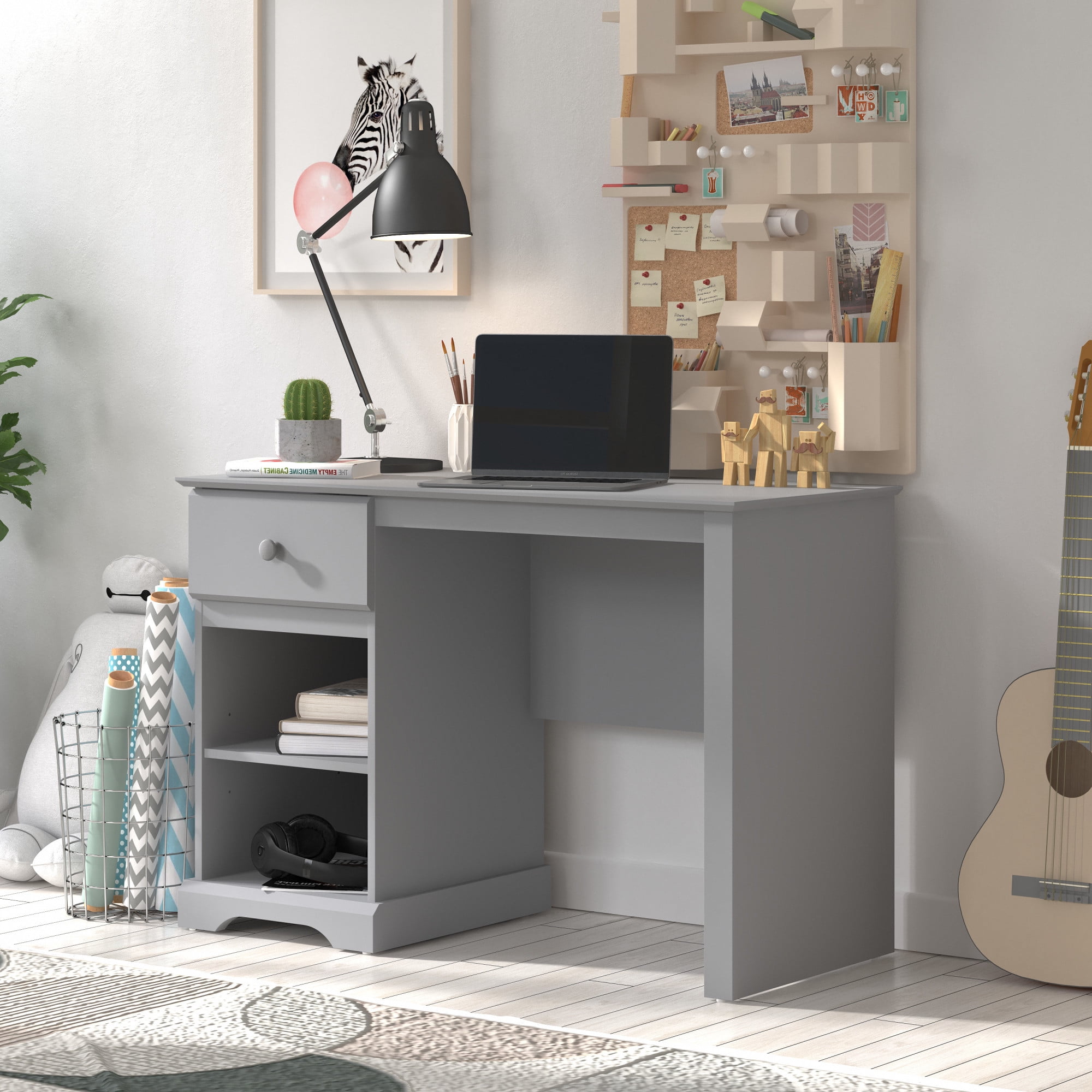 Campbell Wood Kids Desk with 1 Drawer and 2 Shelf Storage, Gray ...