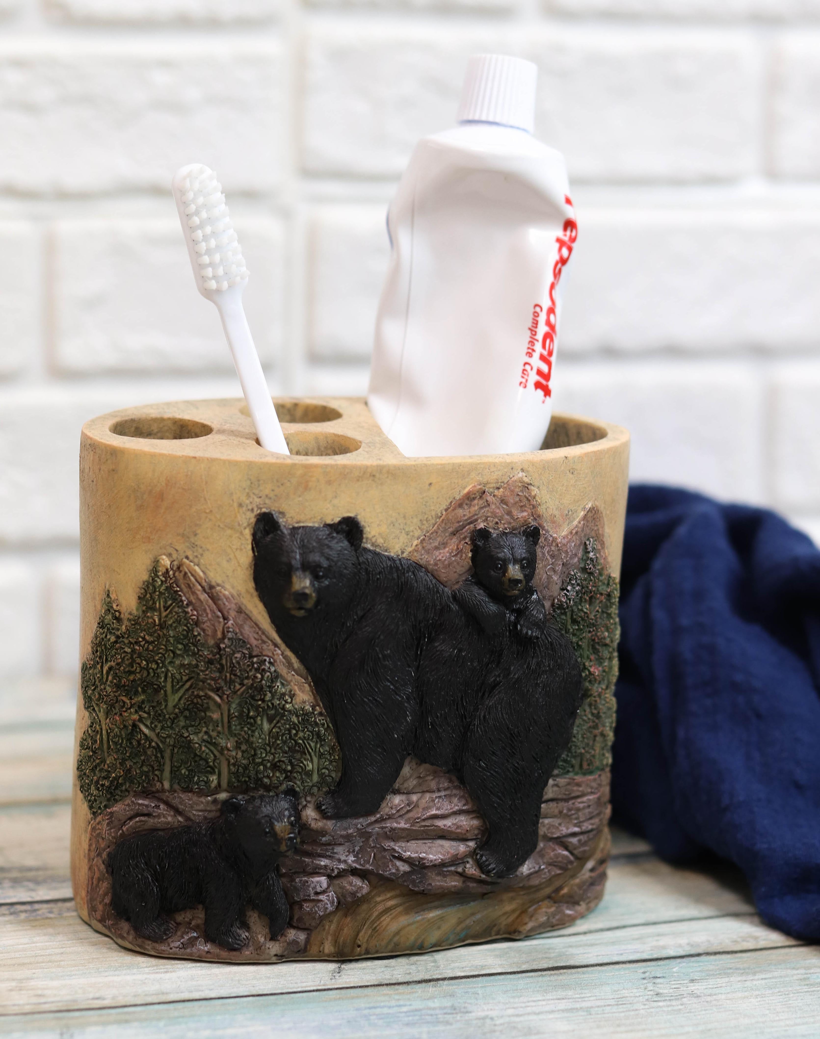 Rustic Mountain Black Mama Bear & Cubs Toothbrush Toothpaste Holder ...
