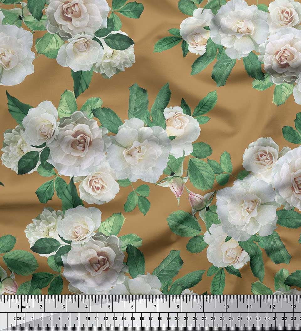 Soimoi Satin Silk Fabric Leaves & Begonia Flower Print Fabric by the ...