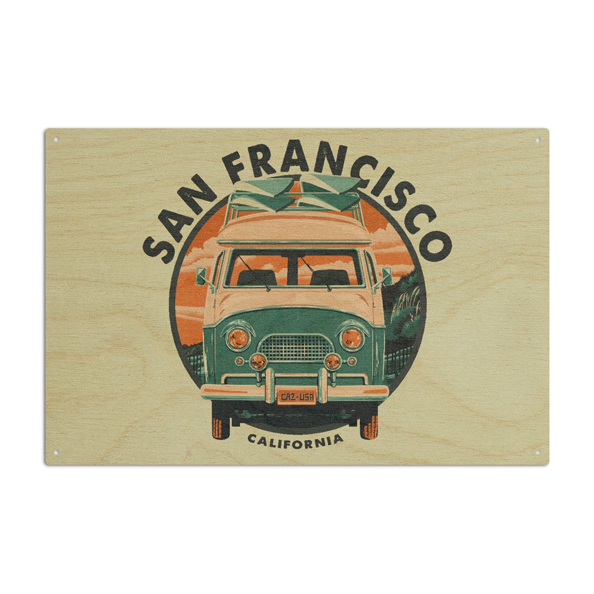 San Francisco, California, Letterpress, Camper Van, Beach, Contour ...