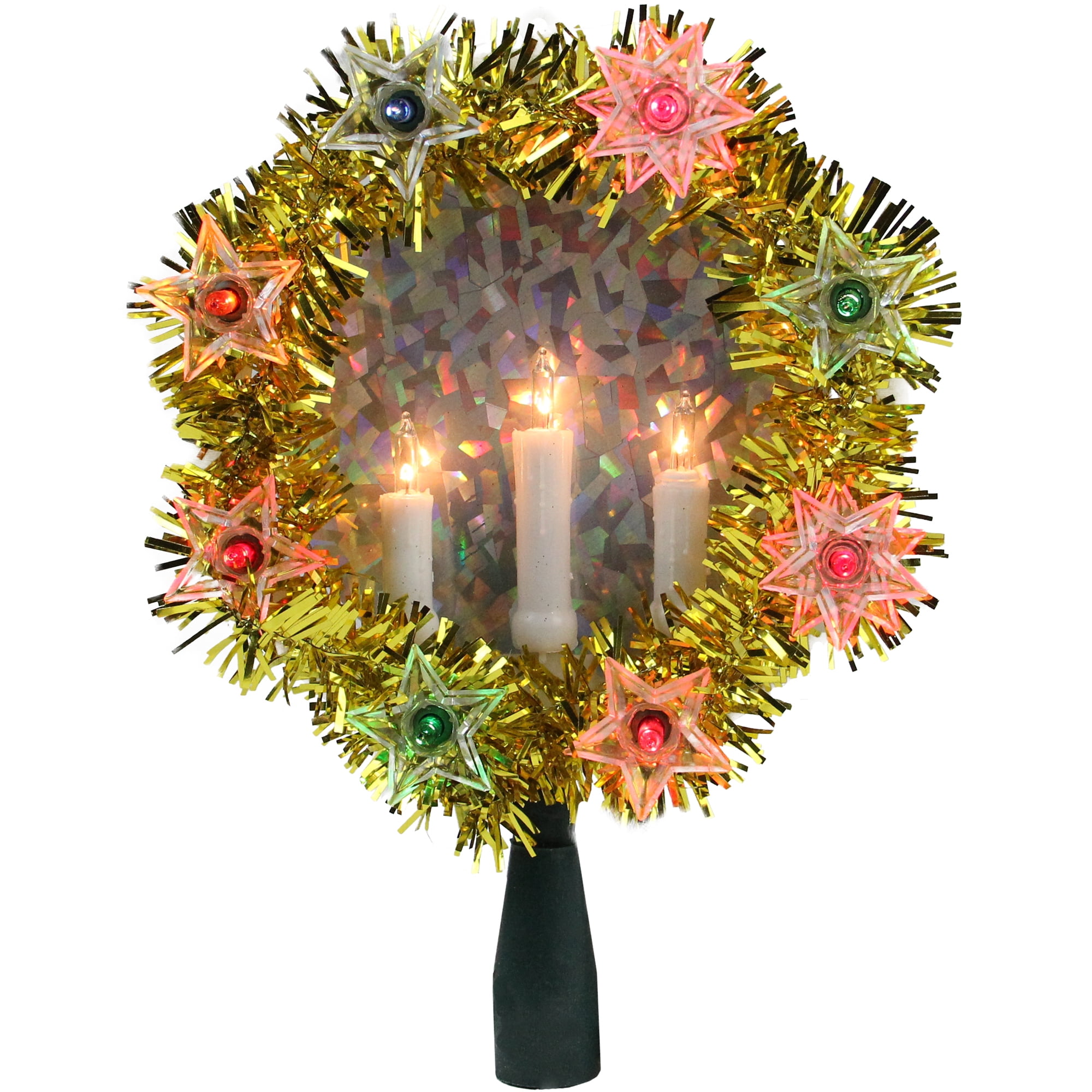7" Lighted Gold Tinsel Wreath with Candles Christmas Tree Topper ...