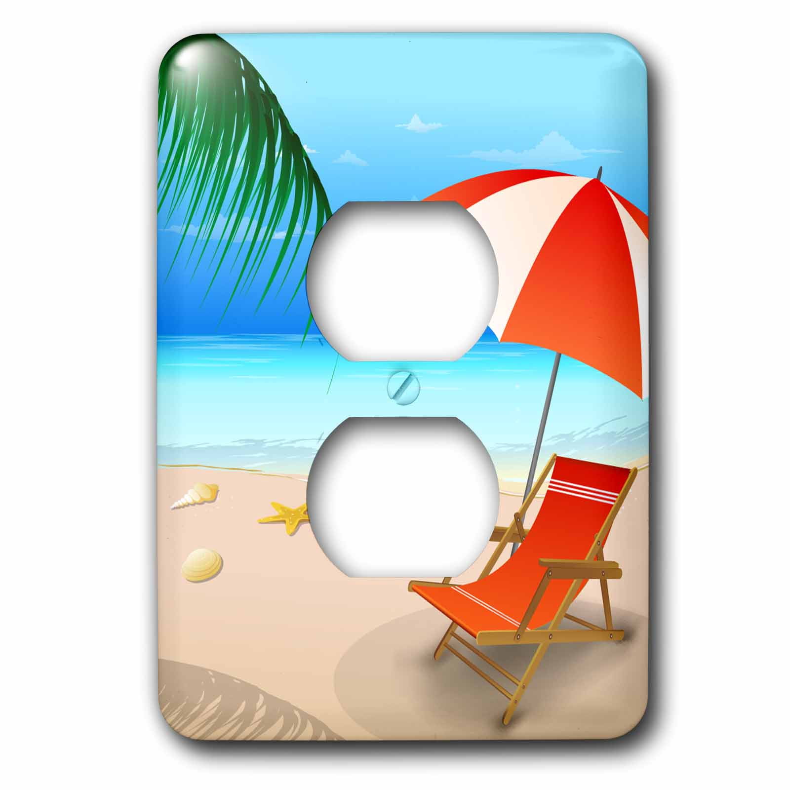 Blue and Sandy Beach Scene With Beach Lounger and Umbrella In Orange ...