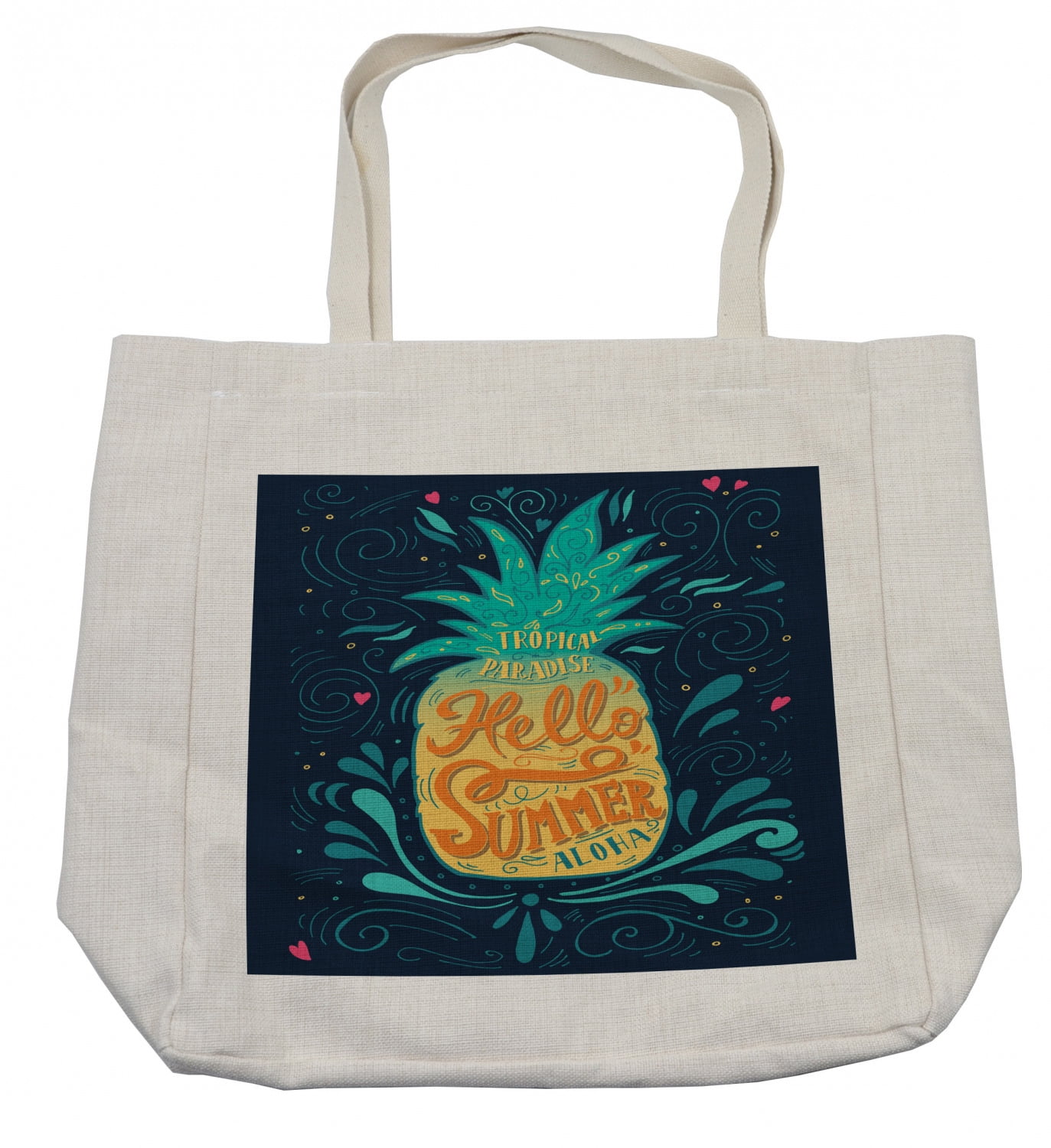 Tropical Shopping Bag, Hello Summer Words Pineapple with Hearts Swirls ...