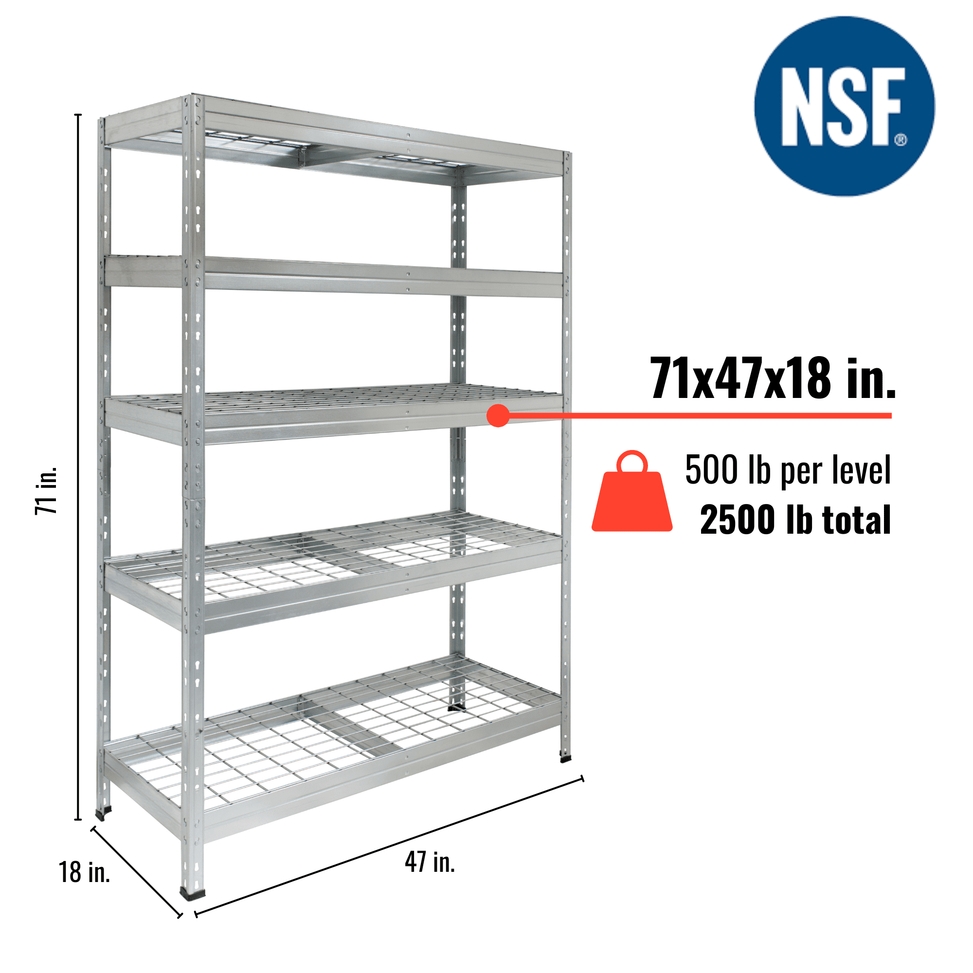 AR Shelving 47 x 18 x 71 in. Galvanized Shelving Unit 5-Tier Wire Rust ...