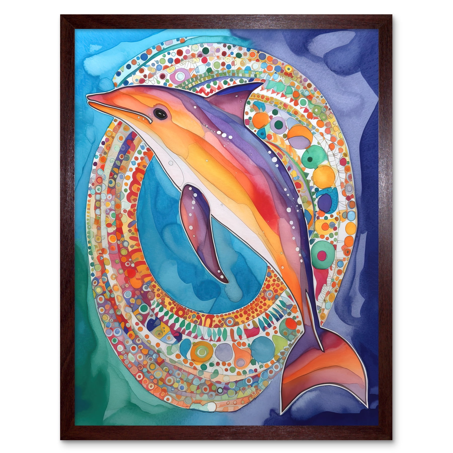 Rainbow Dolphin And Pattern Hoop Folk Art Watercolour Painting Art ...