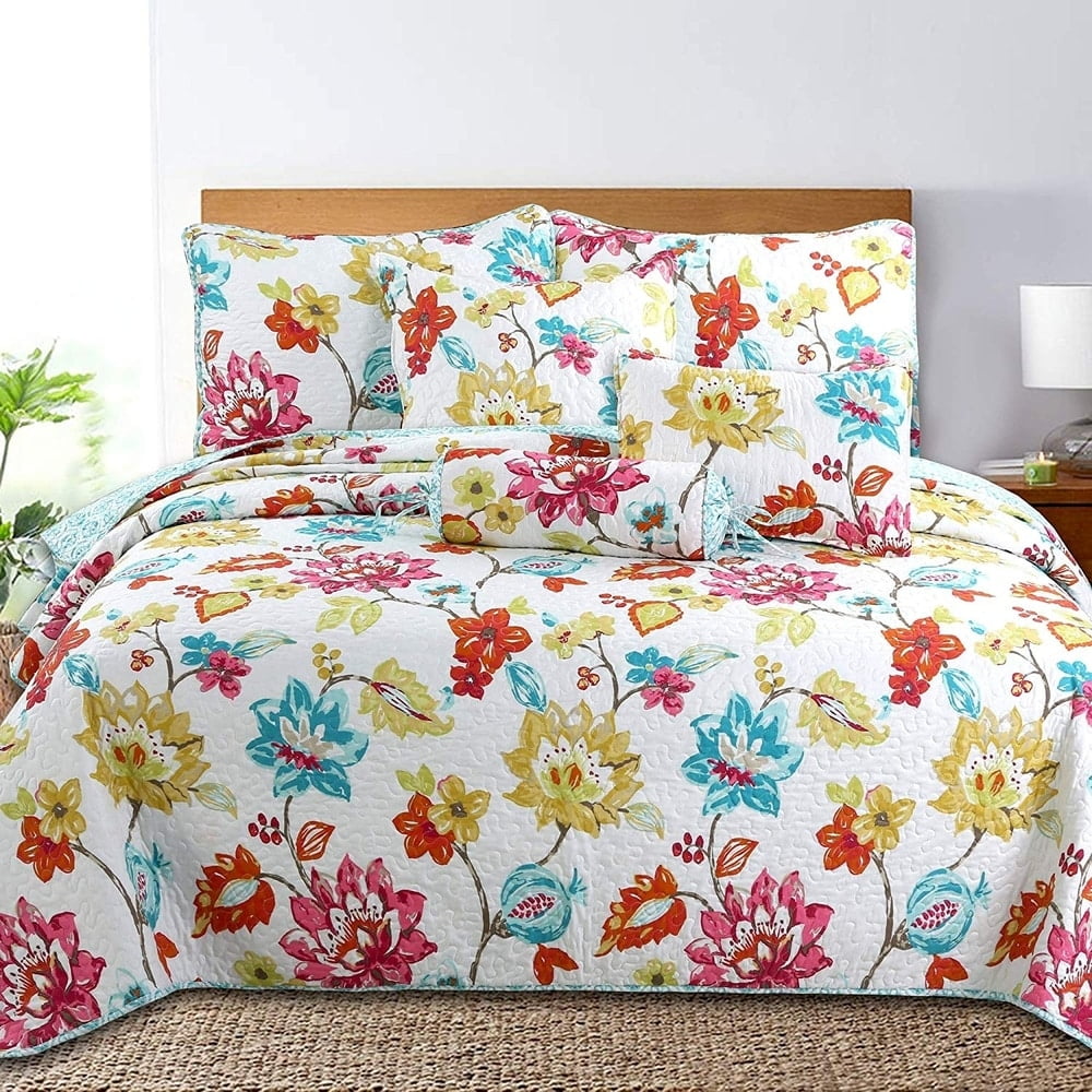 Vivid Tropical Colorful Anemone Floral Garden Printed Quilt Bedding Set ...