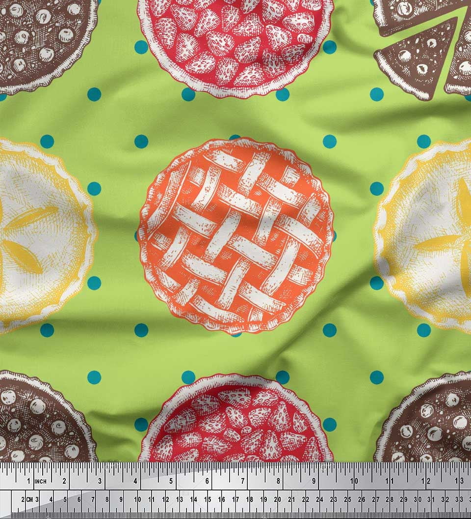 Soimoi Green Silk Fabric Dot & Pie Food Print Fabric by the Yard 42 ...