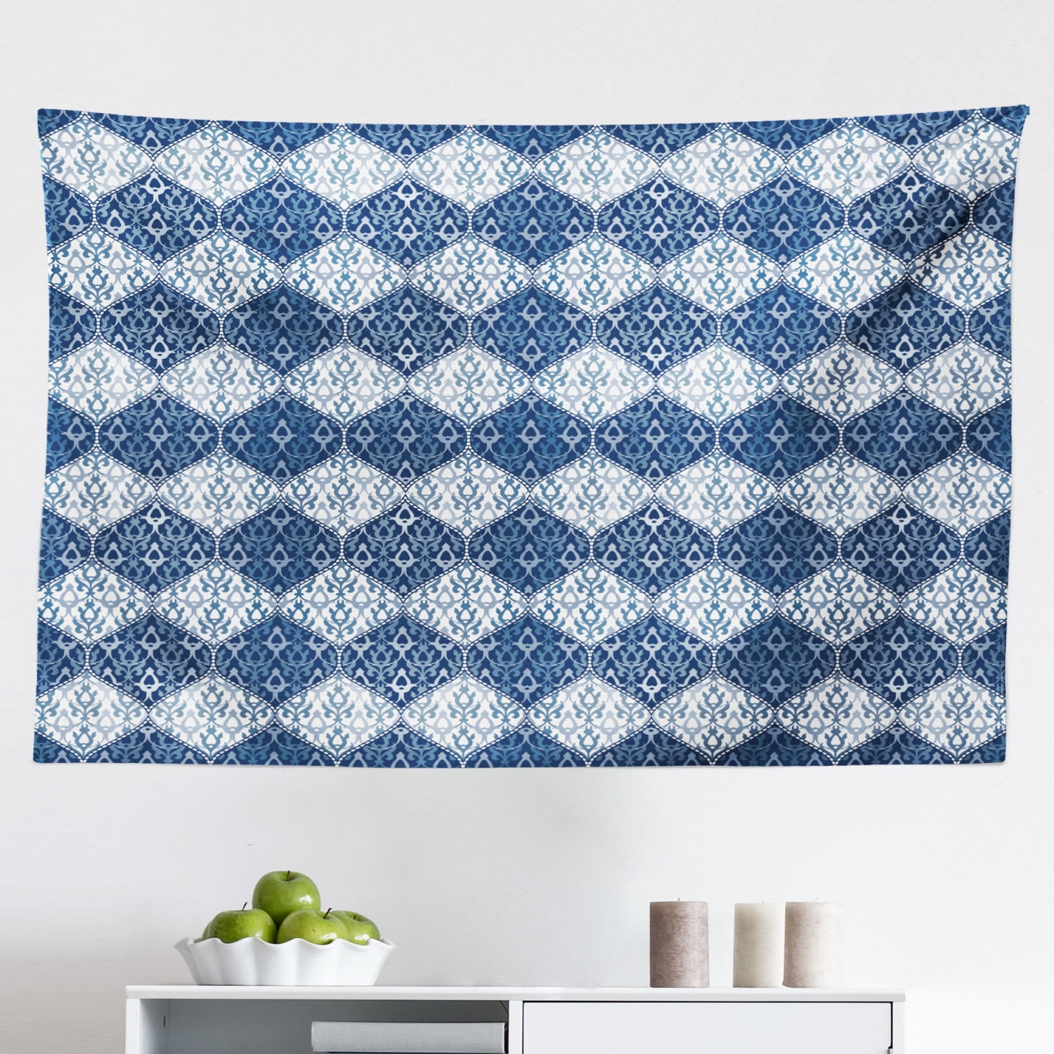 Navy Blue Tapestry, Horizontal Oriental Inspired Pattern in Patchwork ...