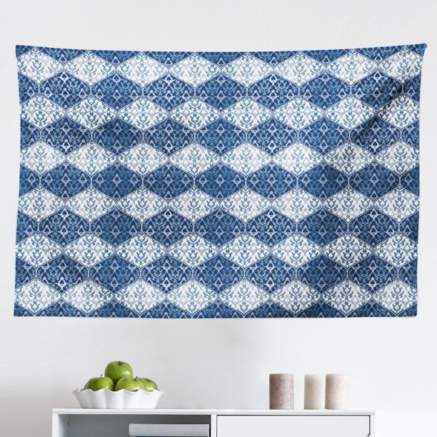 Navy Blue Tapestry, Horizontal Oriental Inspired Pattern in Patchwork ...