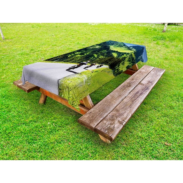 Mountain Outdoor Tablecloth, Bikers Riding on Mountainous Highway in ...