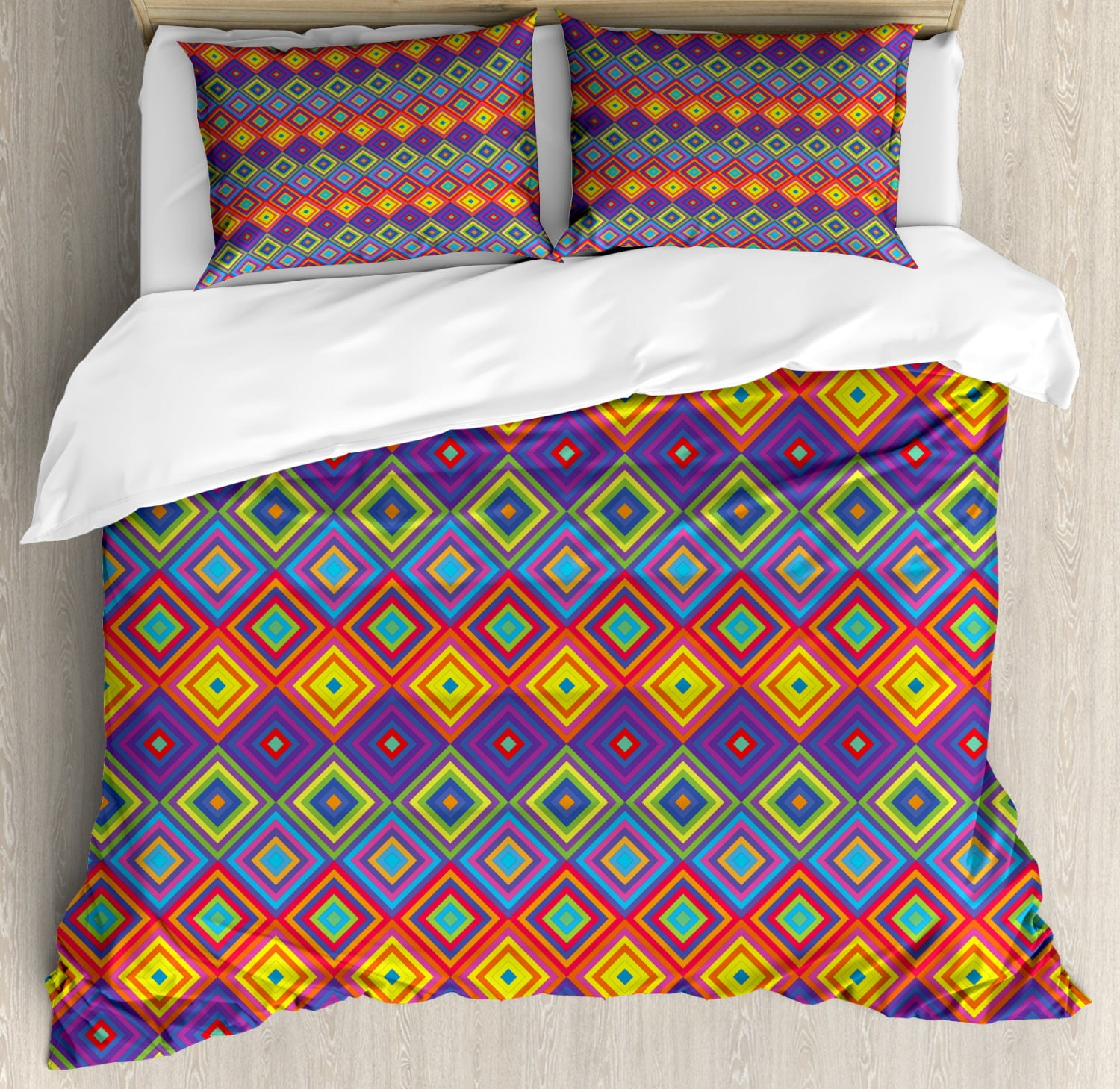 Trippy King Size Duvet Cover Set, Hippie Style Square Shapes in Vibrant ...