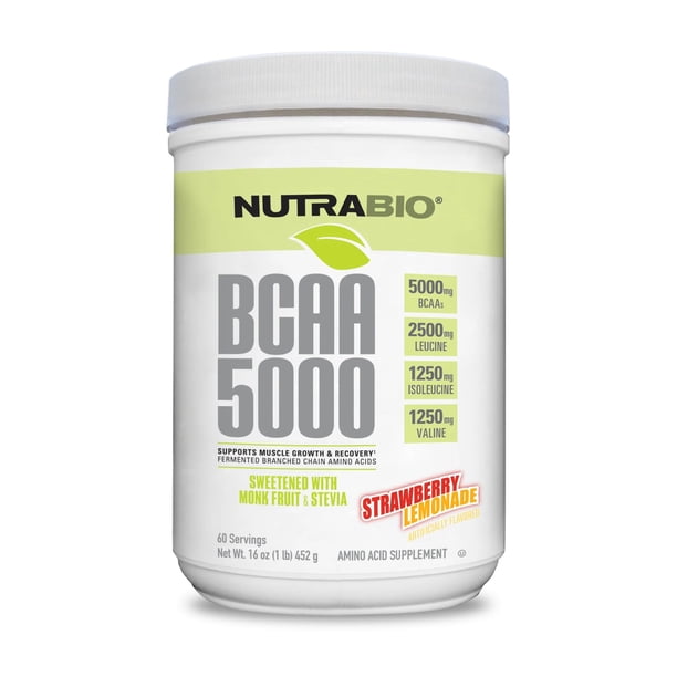 Suplemento NutraBio BCAA 5000 en polvo para limonada de fresa, 60 ...