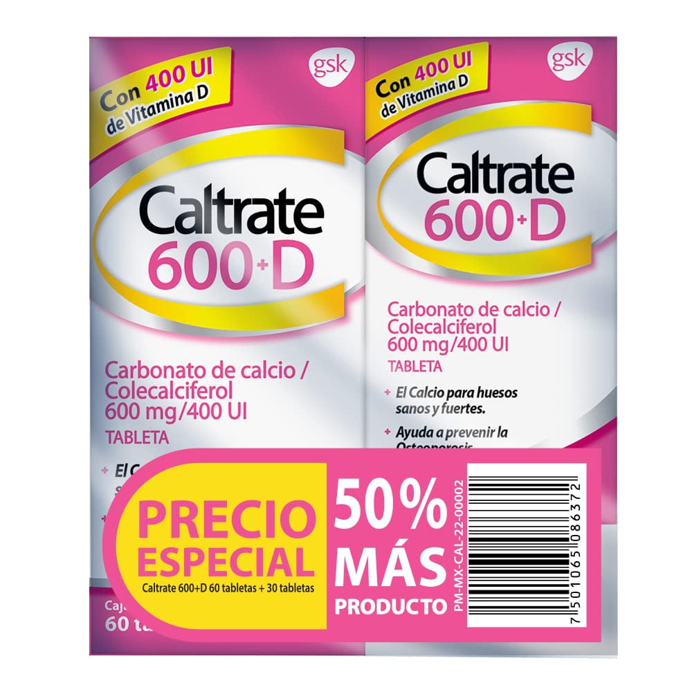 Caltrate Suplemento de Calcio 600 +D 600mg / 400 UI 2 Pack de 60 ...