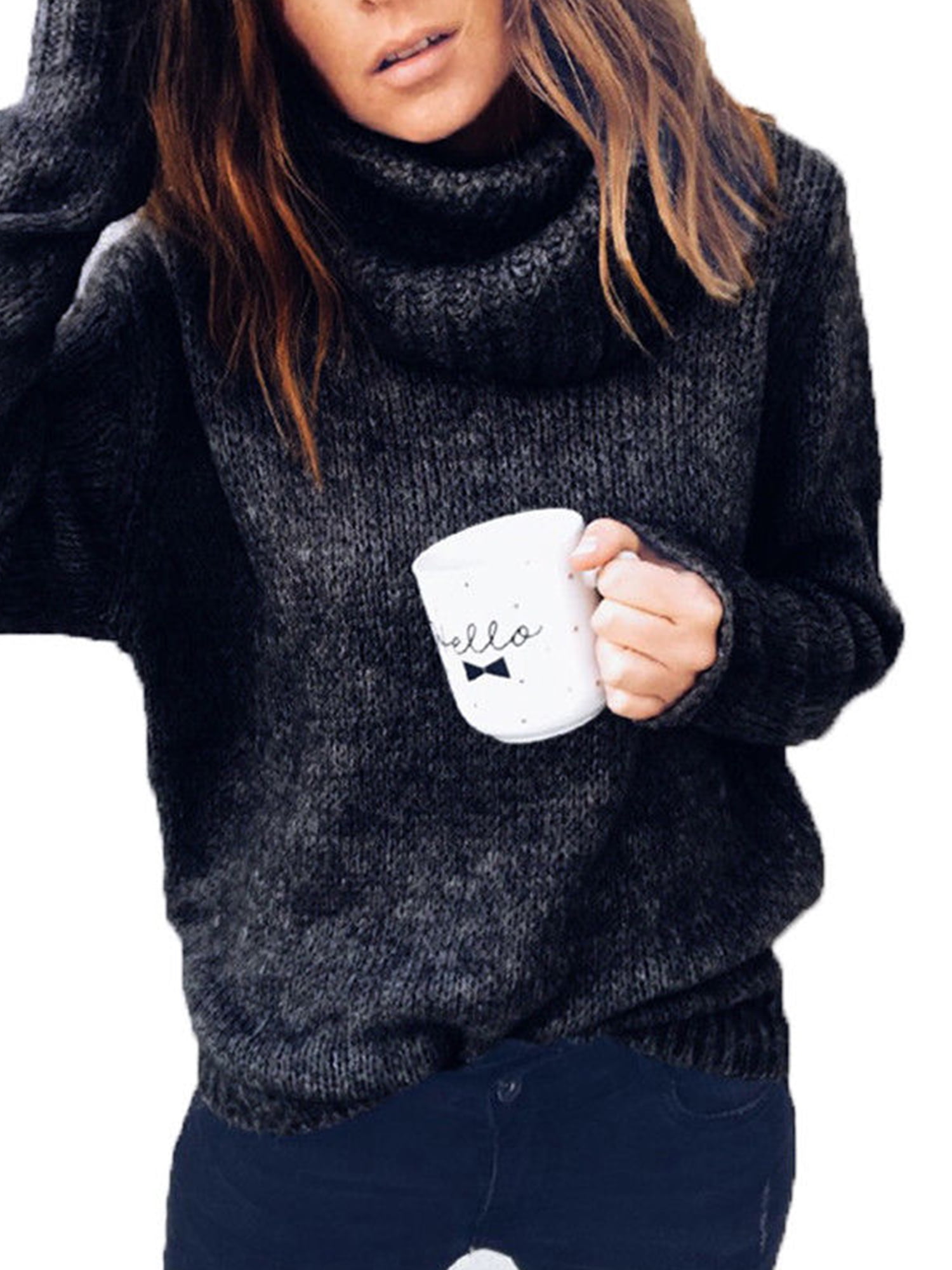 Lallc Womens Turtleneck Knitted Sweaters Warm Casual Pullover Loose
